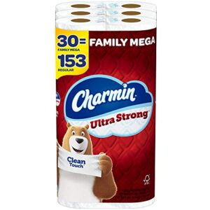 charmin ultra strong clean touch toilet paper, 30 family mega rolls = 153 regular rolls