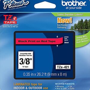 Brother Tze421 Tze Standard Adhesive Laminated Labeling Tape, 3/8-Inch W, Black On Red