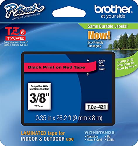 Brother Tze421 Tze Standard Adhesive Laminated Labeling Tape, 3/8-Inch W, Black On Red