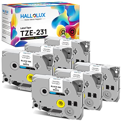 HALLOLUX Compatible Label Tape Replacement for Brother P-Touch TZe-231 TZe231 TZe-231S use with Label Maker PT-D400 PT-D600 PT-H300 PT-P700, Black on White, 0.47 Inch (12mm) x 26.2 Feet (8m), 6-Pack