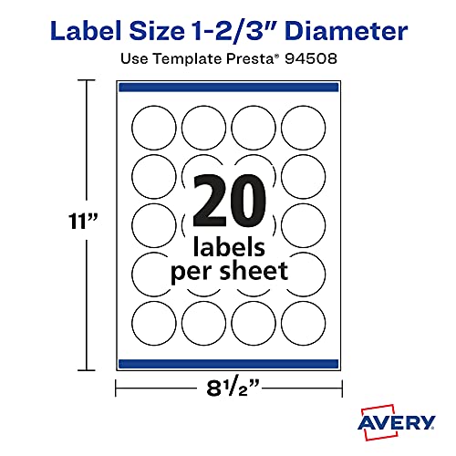 Avery Matte White Round Labels with Sure Feed, 1-2/3" diameter, 1,000 Matte White Printable Labels