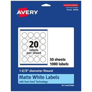 avery matte white round labels with sure feed, 1-2/3″ diameter, 1,000 matte white printable labels