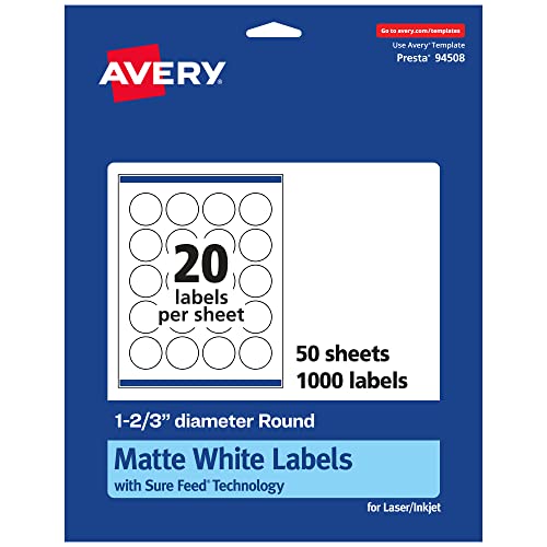 Avery Matte White Round Labels with Sure Feed, 1-2/3" diameter, 1,000 Matte White Printable Labels