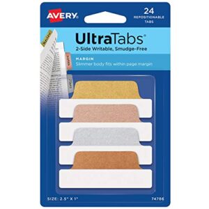 Avery Ultra Tabs, 3" x 1.5", 2-Side Writable, White, 24 Repositionable Filing Tabs (74776) & Margin Ultra Tabs, 2.5" x 1", 2-Side Writable, Assorted Metallic, 24 Repositionable Page Tabs (74786)