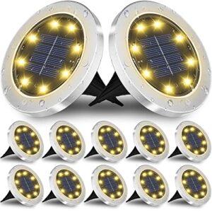 otdair solar ground lights, 8 led warm light outdoor solar disk lights, waterproof in-ground lights, solar garden lights, landscape lights for pathway, yard, deck, patio, walkway, 12 packs