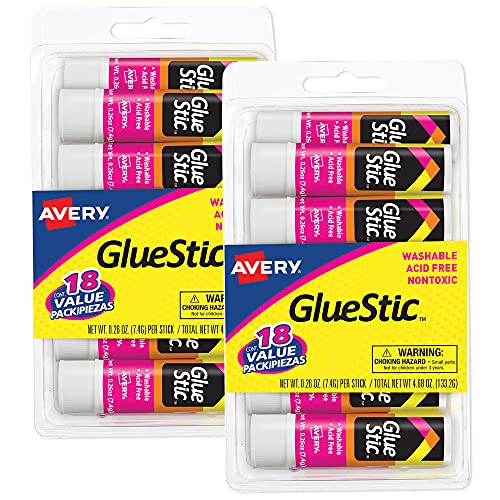 Avery Glue Stic Value Pack, White, Washable, Nontoxic, 0.26 oz, 18 per Pack, 2 Packs, 36 Permanent Glue Sticks Total (50224)