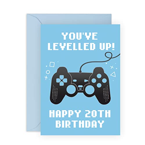 CENTRAL 23 20th Birthday Card for Him - 'You've Levelled Up!' - Happy Twentieth Birthday - Age 20 Twenty - Blue Greeting Card for Gamers - Fun Card For Adults, Friends - Son, Brother, Men