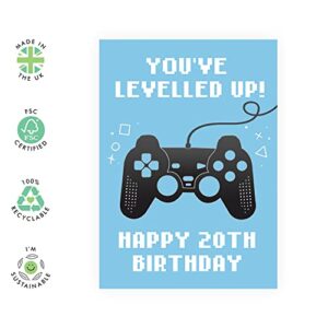 CENTRAL 23 20th Birthday Card for Him - 'You've Levelled Up!' - Happy Twentieth Birthday - Age 20 Twenty - Blue Greeting Card for Gamers - Fun Card For Adults, Friends - Son, Brother, Men