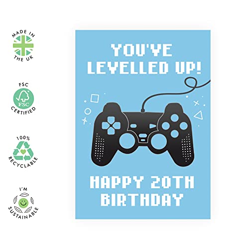 CENTRAL 23 20th Birthday Card for Him - 'You've Levelled Up!' - Happy Twentieth Birthday - Age 20 Twenty - Blue Greeting Card for Gamers - Fun Card For Adults, Friends - Son, Brother, Men