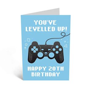 CENTRAL 23 20th Birthday Card for Him - 'You've Levelled Up!' - Happy Twentieth Birthday - Age 20 Twenty - Blue Greeting Card for Gamers - Fun Card For Adults, Friends - Son, Brother, Men