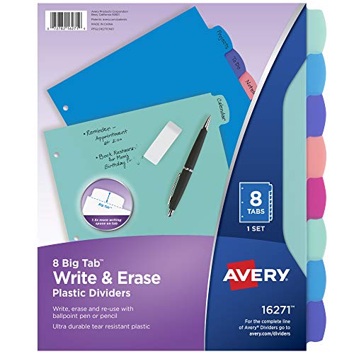 Avery Durable View 3 Ring Binder, 1-1/2 Inch Slant Rings, 1 Pink Binder (17833) & Durable Plastic 8-Tab Write & Erase Big Tab Dividers for 3 Ring Binders, Pastel Brights (16271)