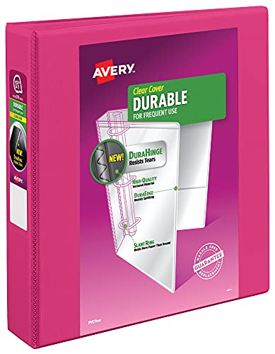 Avery Durable View 3 Ring Binder, 1-1/2 Inch Slant Rings, 1 Pink Binder (17833) & Durable Plastic 8-Tab Write & Erase Big Tab Dividers for 3 Ring Binders, Pastel Brights (16271)