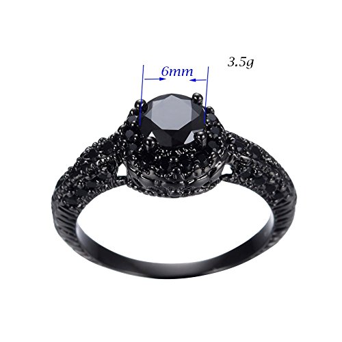 JunXin 10KT Black Gold Ring 8MM Round Cut Diamond Halo Black Stone Rings Onyx Size6/7/8/9/10