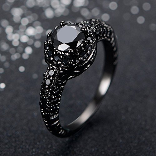 JunXin 10KT Black Gold Ring 8MM Round Cut Diamond Halo Black Stone Rings Onyx Size6/7/8/9/10