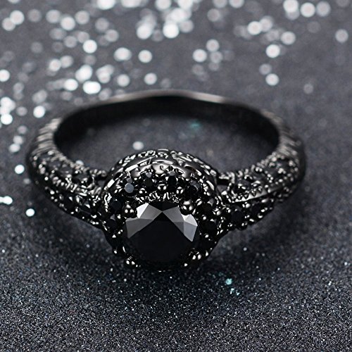 JunXin 10KT Black Gold Ring 8MM Round Cut Diamond Halo Black Stone Rings Onyx Size6/7/8/9/10