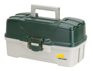 plano 3-tray tackle box with dual top access, dark green metallic/off white, premium tackle storage