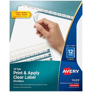 avery 12 tab dividers for 3 ring binder, easy print & apply clear label strip, index maker customizable white tabs, 6-pack of 5 sets, 30 sets total (11429)