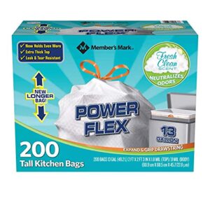 members mark 13 gal power flex, leak protection, tall kitchen simple fit drawstring bags (1-pack, fresh clean scent)