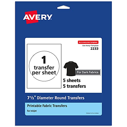 Avery Dark Transfer Paper for T-Shirts, 7.5" Diameter Pre Die-Cut Iron-On Circle Transfers, Print-to-the-Edge, 5 Sheets of Heat Transfer Paper, 5 Total (02233)