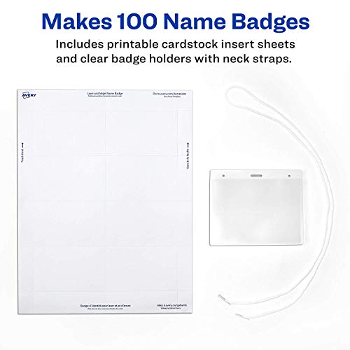 Avery 74459 Neck Hang Badge Holder w/Laser/Inkjet Insert, Top Load, 3h x 4w, White (Box of 100) & Avery Flexible Name Tag Stickers, White Rectangle Labels, 80 Name Badges, 2-1/3" x 3-3/8" (25395)