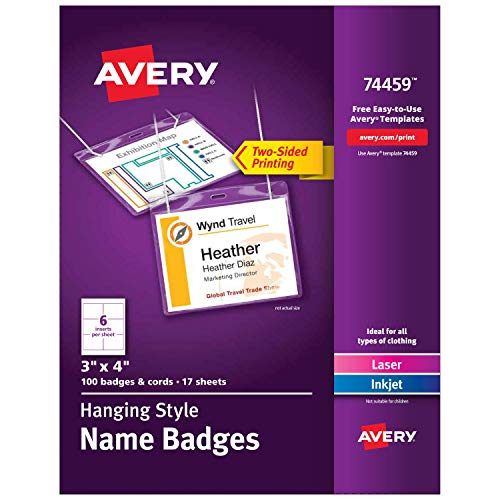 Avery 74459 Neck Hang Badge Holder w/Laser/Inkjet Insert, Top Load, 3h x 4w, White (Box of 100) & Avery Flexible Name Tag Stickers, White Rectangle Labels, 80 Name Badges, 2-1/3" x 3-3/8" (25395)