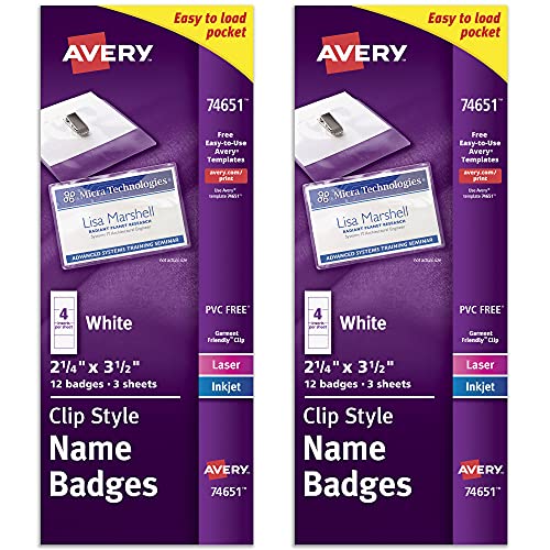 Avery Top-Loading Garment-Friendly Clip Style Name Tags, 12 Tags Per Pack, 2 Packs, 24 Total (74651)