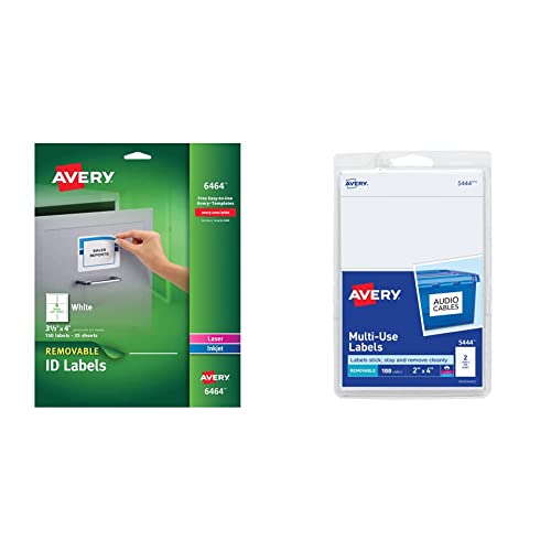 Avery Removable 3-1/3 x 4 Inch White ID Labels 150 Pack (6464) & Avery Removable Print or Write 2" x 4" Labels - Great for Home Organization Projects, Pack of 100 White Labels (5444)