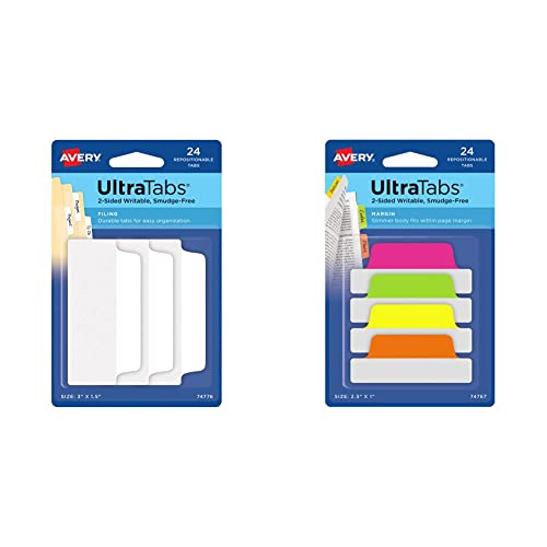 Avery Ultra Tabs, 3" x 1.5", 2-Side Writable, White, 24 Repositionable Filing Tabs (74776) & Avery Ultra Tabs, 2.5" x 1", 2-Side Writable, Pink/Green/Orange, 24 Repositionable Margin Tabs (74767)