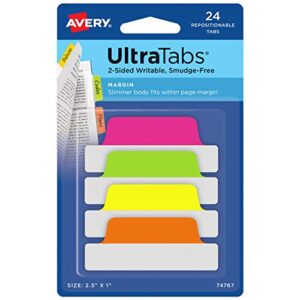 Avery Ultra Tabs, 3" x 1.5", 2-Side Writable, White, 24 Repositionable Filing Tabs (74776) & Avery Ultra Tabs, 2.5" x 1", 2-Side Writable, Pink/Green/Orange, 24 Repositionable Margin Tabs (74767)