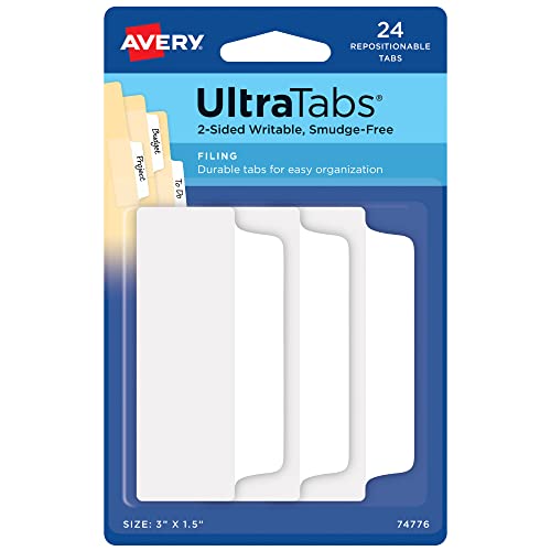 Avery Ultra Tabs, 3" x 1.5", 2-Side Writable, White, 24 Repositionable Filing Tabs (74776) & Avery Ultra Tabs, 2.5" x 1", 2-Side Writable, Pink/Green/Orange, 24 Repositionable Margin Tabs (74767)