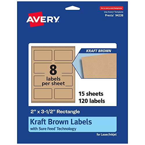 Avery Kraft Brown Rectangle Labels with Sure Feed, 2" x 3.5", 120 Kraft Brown Labels, Print-to-The-Edge, Laser/Inkjet Printable Labels