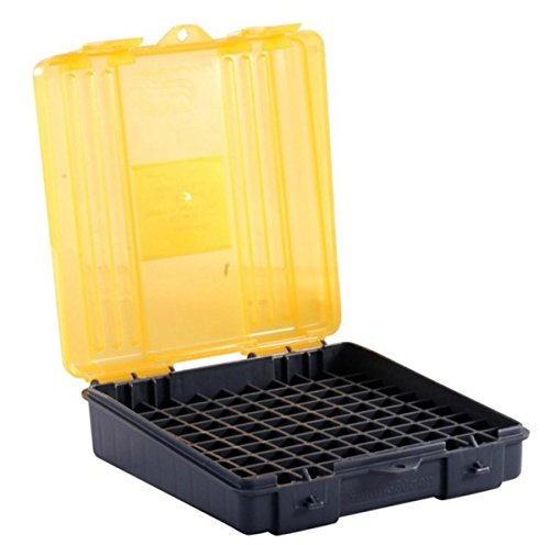 Plano 100-Count Handgun Ammo Box, Dark Gray, Lockable Ammunition Storage, Small Plastic Ammo Box with Dependable Closures and Deep Individual Slots for .45, .40 & 10mm