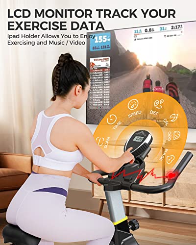 pooboo Indoor Cycling Bike, Belt Drive Indoor Exercise Bike Stationary LCD Monitor with Ipad Mount ＆Comfortable Seat Cushion for Home Cardio Workout Cycle Bike Training