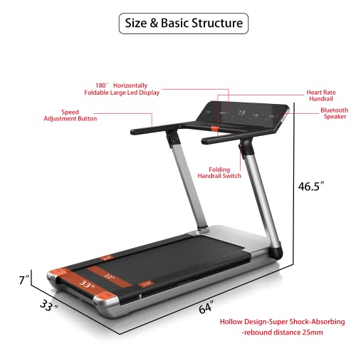 RHYTHM FUN Treadmill Folding Treadmill Desk Treadmill 4.0HP Electric Motorized Treadmill Super Shock-Absorbing Slim Quiet Foldable Treadmill with Large Display/Workout APP for Home Office Gym