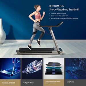 RHYTHM FUN Treadmill Folding Treadmill Desk Treadmill 4.0HP Electric Motorized Treadmill Super Shock-Absorbing Slim Quiet Foldable Treadmill with Large Display/Workout APP for Home Office Gym