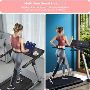 RHYTHM FUN Treadmill Folding Treadmill Desk Treadmill 4.0HP Electric Motorized Treadmill Super Shock-Absorbing Slim Quiet Foldable Treadmill with Large Display/Workout APP for Home Office Gym