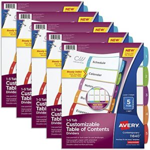 avery 5 tab dividers for 3 ring binders, customizable table of contents, multicolor tabs, 5 packs, 5 sets total (11840)