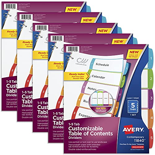 Avery 5 Tab Dividers for 3 Ring Binders, Customizable Table of Contents, Multicolor Tabs, 5 Packs, 5 Sets Total (11840)