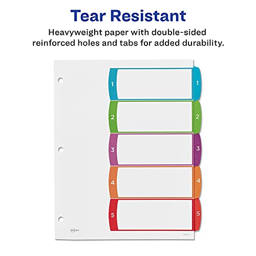 Avery 5 Tab Dividers for 3 Ring Binders, Customizable Table of Contents, Multicolor Tabs, 5 Packs, 5 Sets Total (11840)