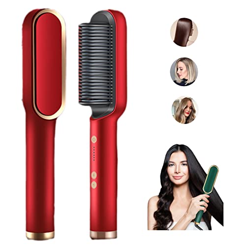 2023 New Negative Ion Hair Straightener Styling Comb with 5 Temp, 2 in 1 Hair Straightener Brush and Curler, Portable Electric Straightening Comb Heated Hair Brush 10s Fast Heating Anti-Scald (Red)