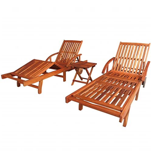 vidaXL Sunlounger and Table Set 3 Piece Solid Acacia Wood Brown Folding Sunbed