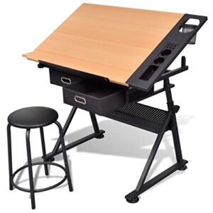 vidaxl adjustable drawing table with stool 2 drawers tiltable iron drafting table drawing work station art craft student office desk