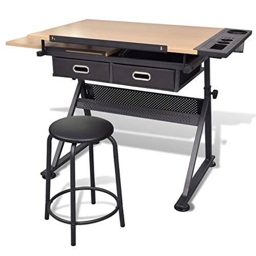 vidaXL Adjustable Drawing Table with Stool 2 Drawers Tiltable Iron Drafting Table Drawing Work Station Art Craft Student Office Desk