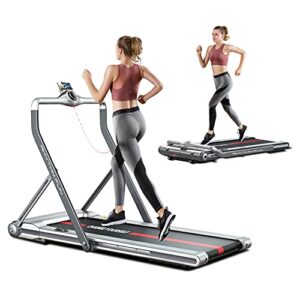 rhythm fun treadmill 2-in-1 folding treadmill under desk walking treadmill with foldable handrail wide tread belt super slim mini quiet home treadmill with smart remote control and workout app（sliver）