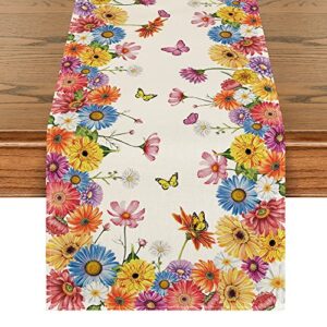 Artoid Mode Bloom Flowers Daisy Butterfly Spring Table Runner, Seasonal Holiday Kitchen Dining Table Decoration for Home Party Indoor 13x120 Inch