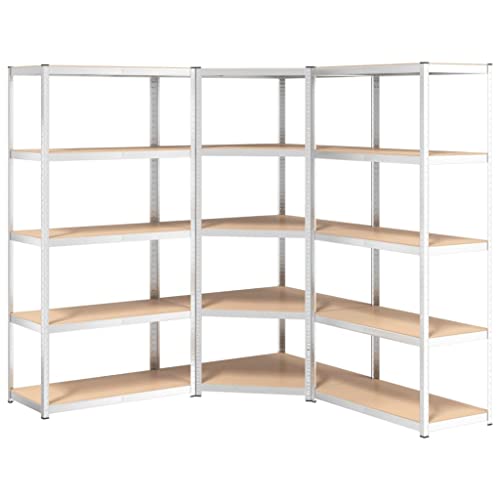 vidaXL 3X 5-Layer Heavy-Duty Shelves Industrial Shelving Workshop Storage Rack Warehouse Corner Shelf Unit Silver Steel and Engineered Wood