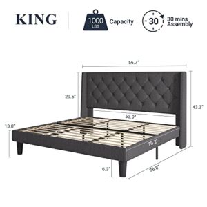 Allewie King Size Upholstered Platform Bed Frame with Wingback and Button Tufted Headboard for Reading, Strong Wood Slat Support, Modern Design, Easy Assembly, Dark Grey