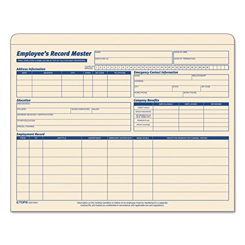 TOPS 3280 Employee Record Master File Jacket, 9 1/2 x 11 3/4, 10 Point Manila (Pack of 20)