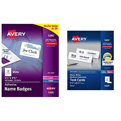 Avery Flexible Name Tag Stickers, White Rectangle Labels, 400 Removable Name Badges, 2-1/3" x 3-3/8" (5395) & Printable Tent Cards with Sure Feed Technology, 2.5" x 8.5"