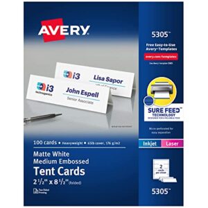 Avery Flexible Name Tag Stickers, White Rectangle Labels, 400 Removable Name Badges, 2-1/3" x 3-3/8" (5395) & Printable Tent Cards with Sure Feed Technology, 2.5" x 8.5"